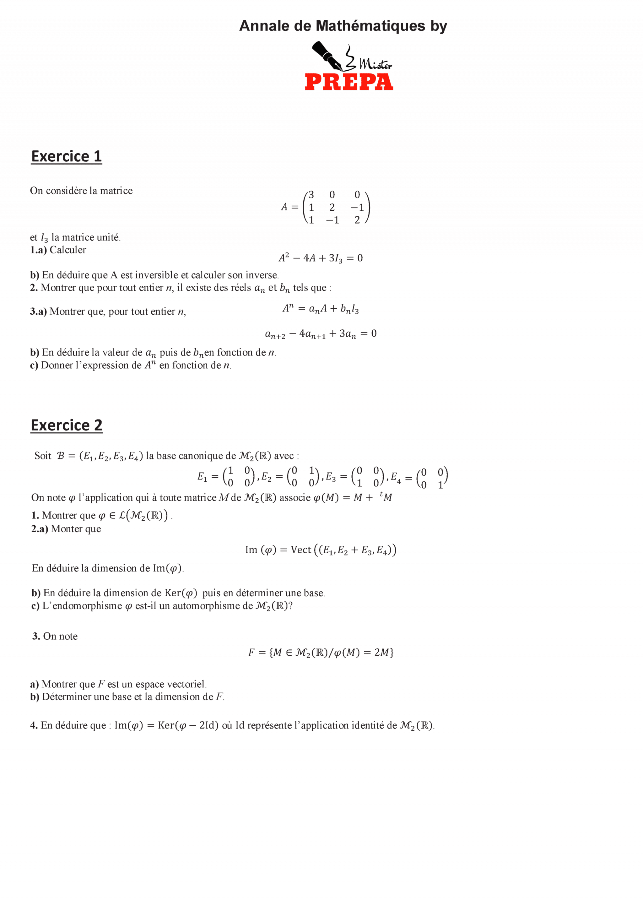 Annale de Maths (Algèbre) #05 - Mister Prépa