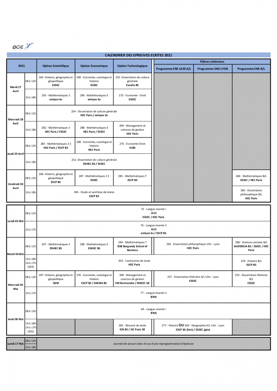 CONCOURS 2021 : CALENDRIER ECRICOME ET BCE - Mister Prépa