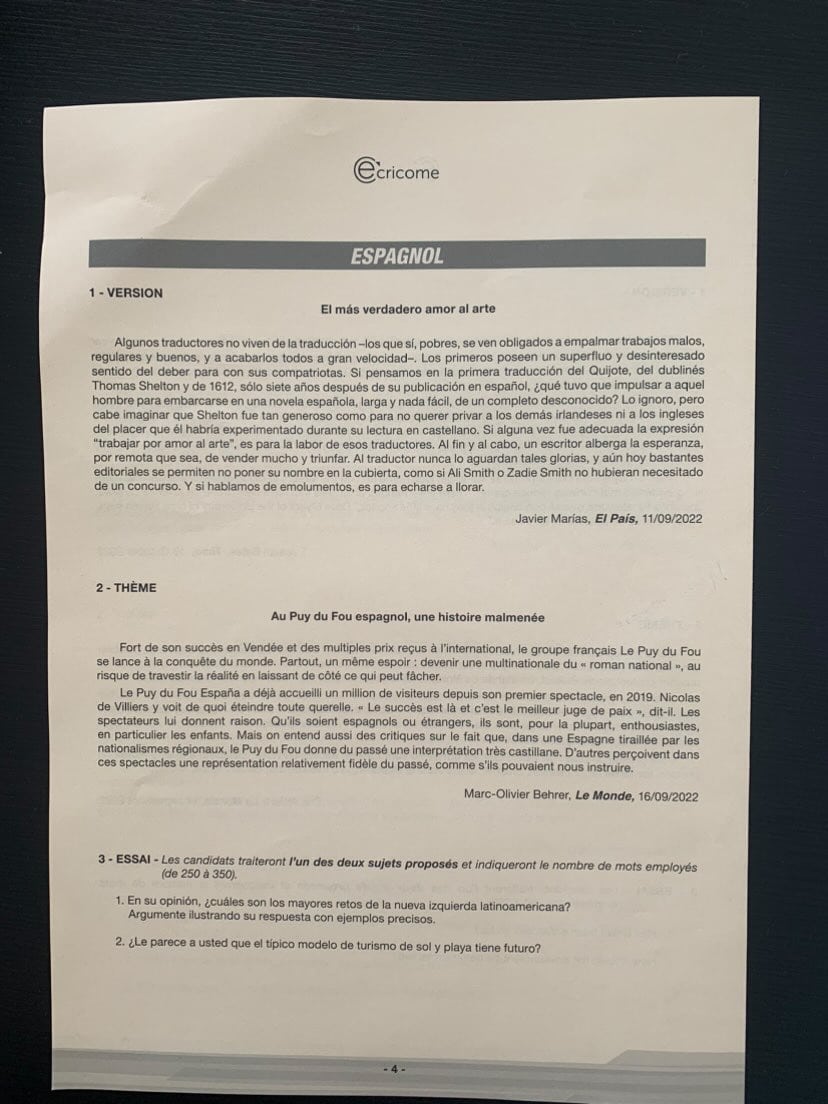 Espagnol LV2 ECRICOME 2023 - Sujet - Mister Prépa