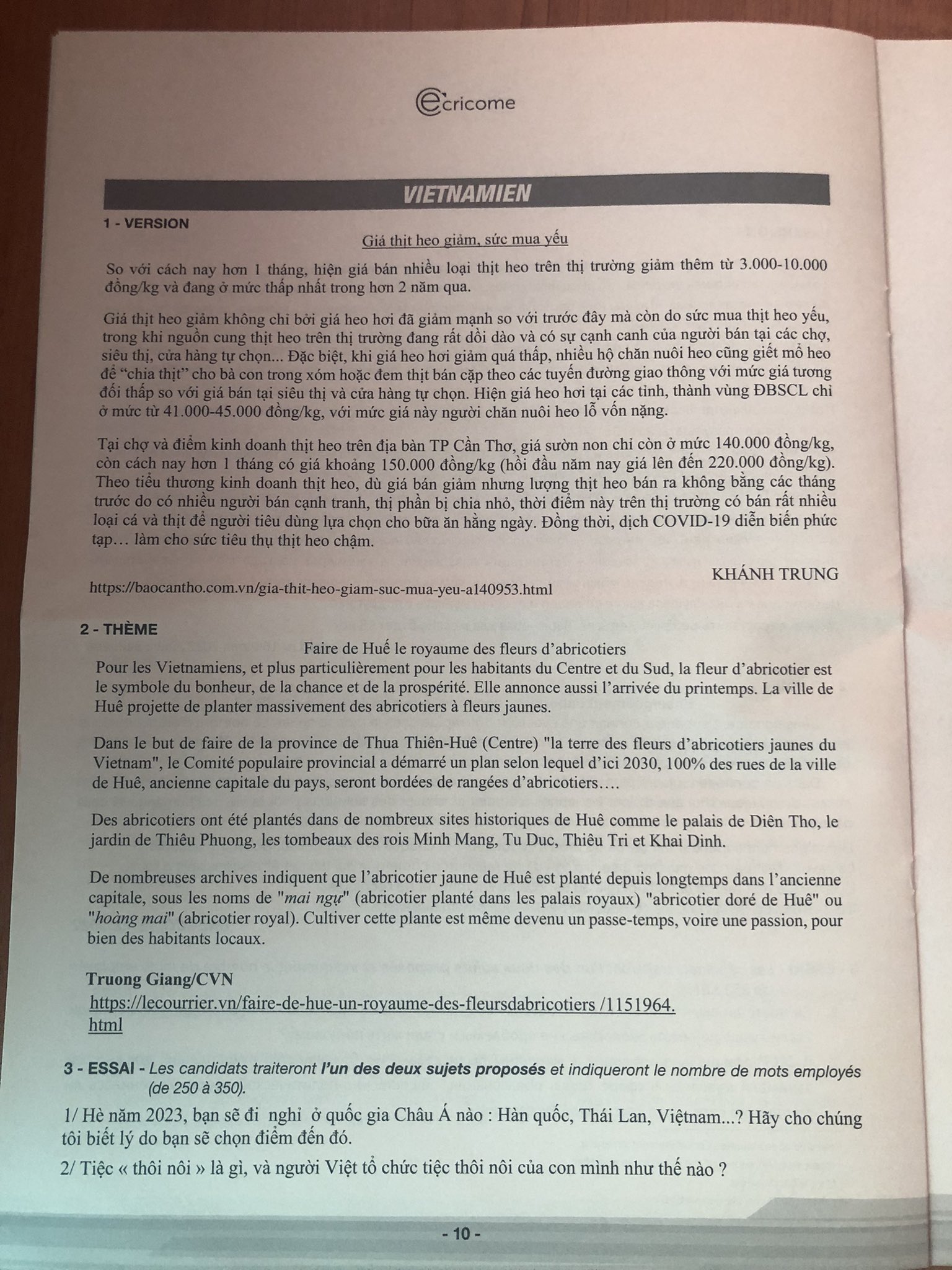 Langues rares LV2 ECRICOME 2023 - Sujets - Mister Prépa