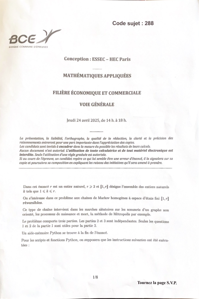 Mathématiques Appliquées ESSEC / HEC 2025 - Sujet - Mister Prépa